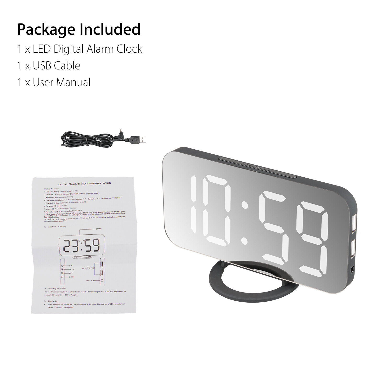 Digital Alarm Clock Large LED Mirror Display Dual USB Charger Port ...