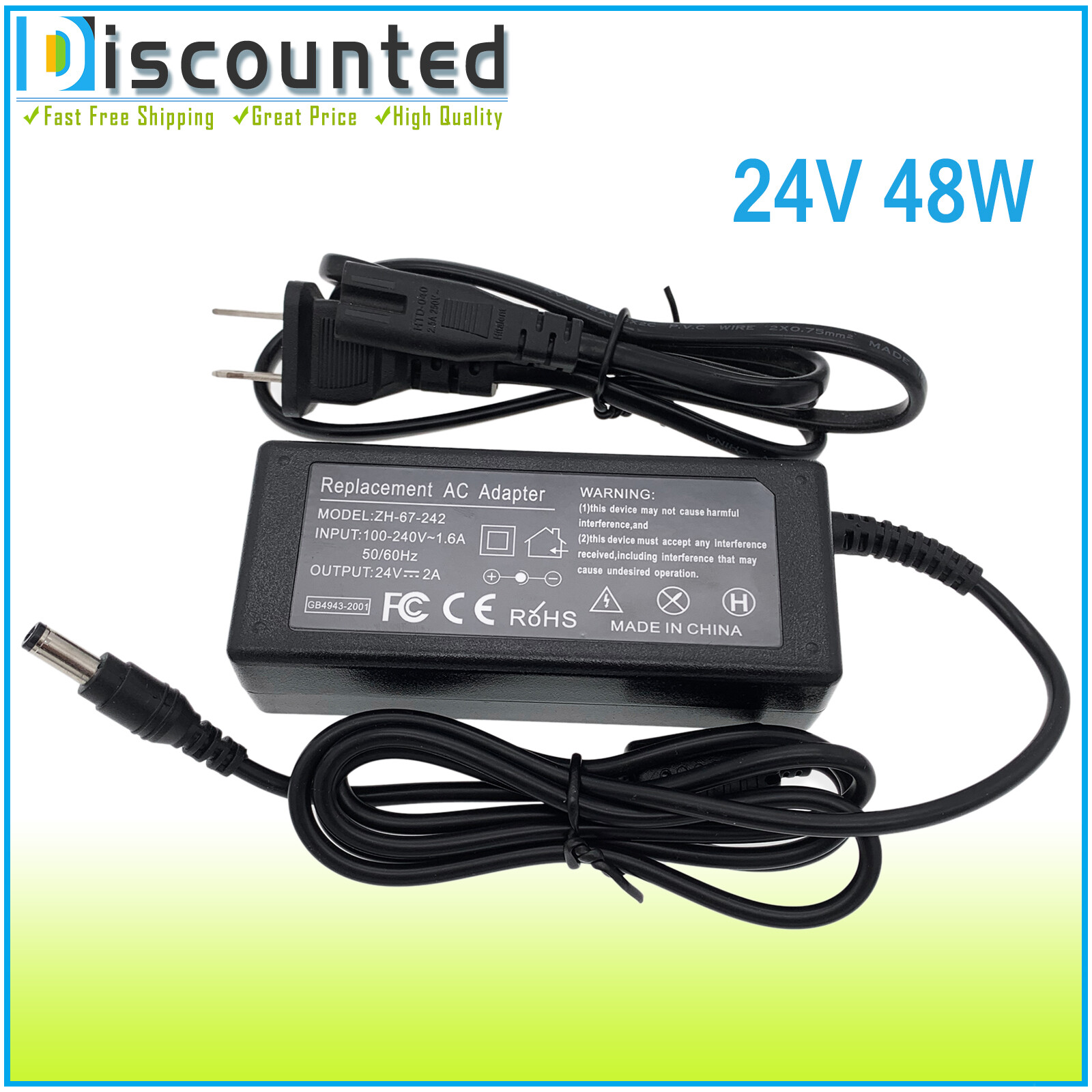 24V DC 2A Power Supply Adapter 100-240V AC Input 24 VDC 2Amp Output 5 ...
