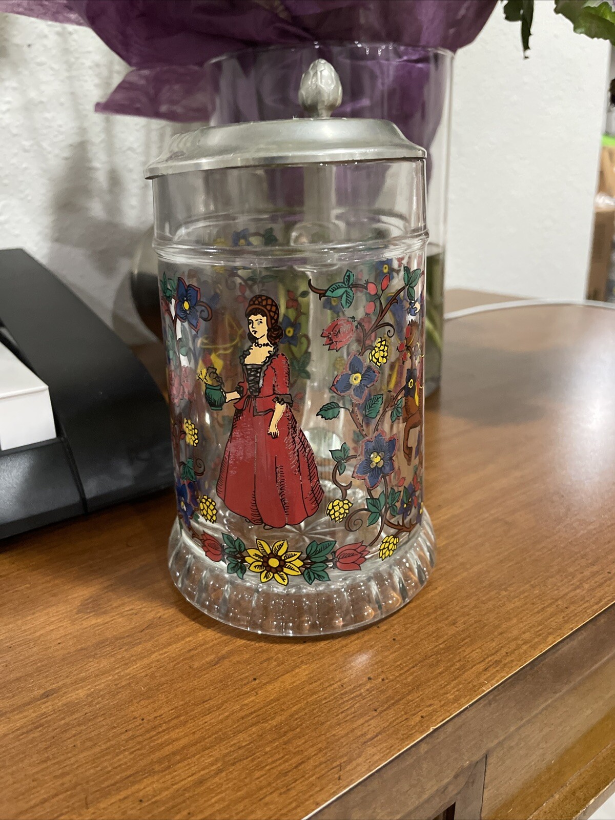 "Riding Couple" W.Germany Rein Zinn Pewter Lid Hand Painted Glass Beer ...