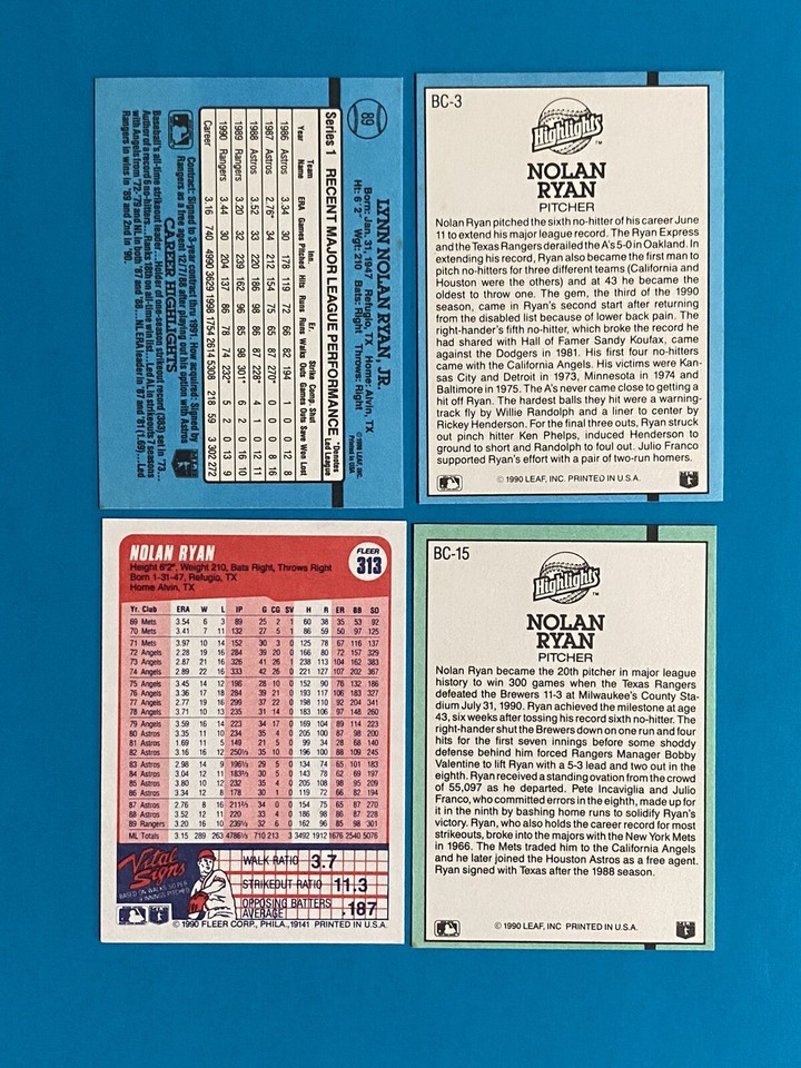 Nolan Ryan Base + Insert Baseball Card Lot 1990 Fleer 1991 Donruss ...