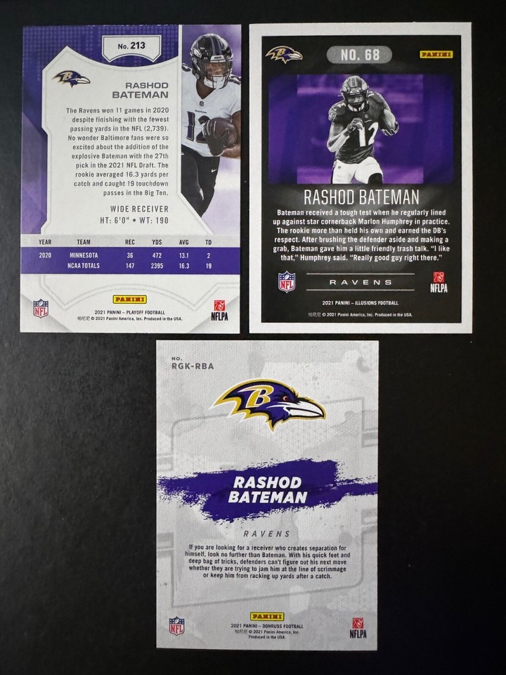 3 x Lot Rashod Bateman RC Playoff Red Zone Gridiron Kings Illusions ...