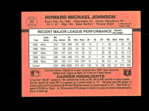 New York Mets Howard Johnson #99c Donruss Baseball Near Mint or Better ...