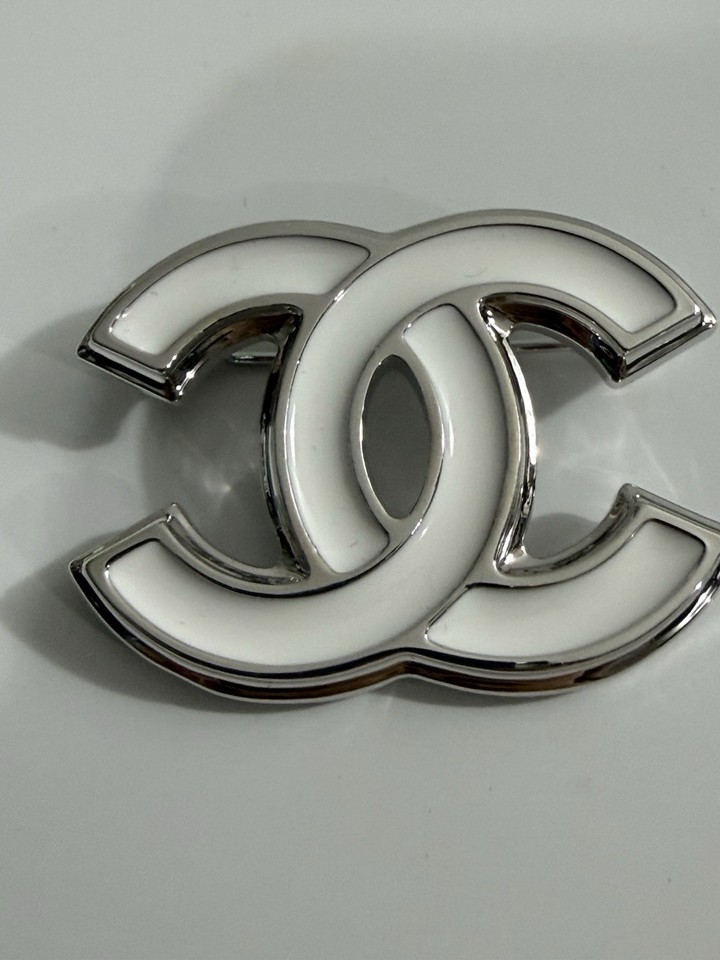 Chanel Brooch Classic Logo Pin White Silver Stampd PRELOVED EXCELLENT ...