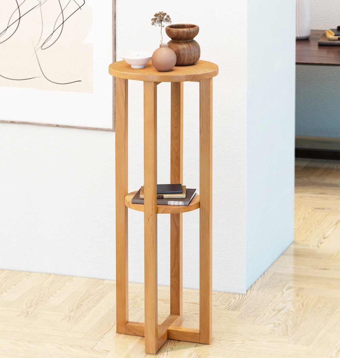 Round Plant Stand, Slim Tall Side Table, Wood Storage Tower Shelf in ...