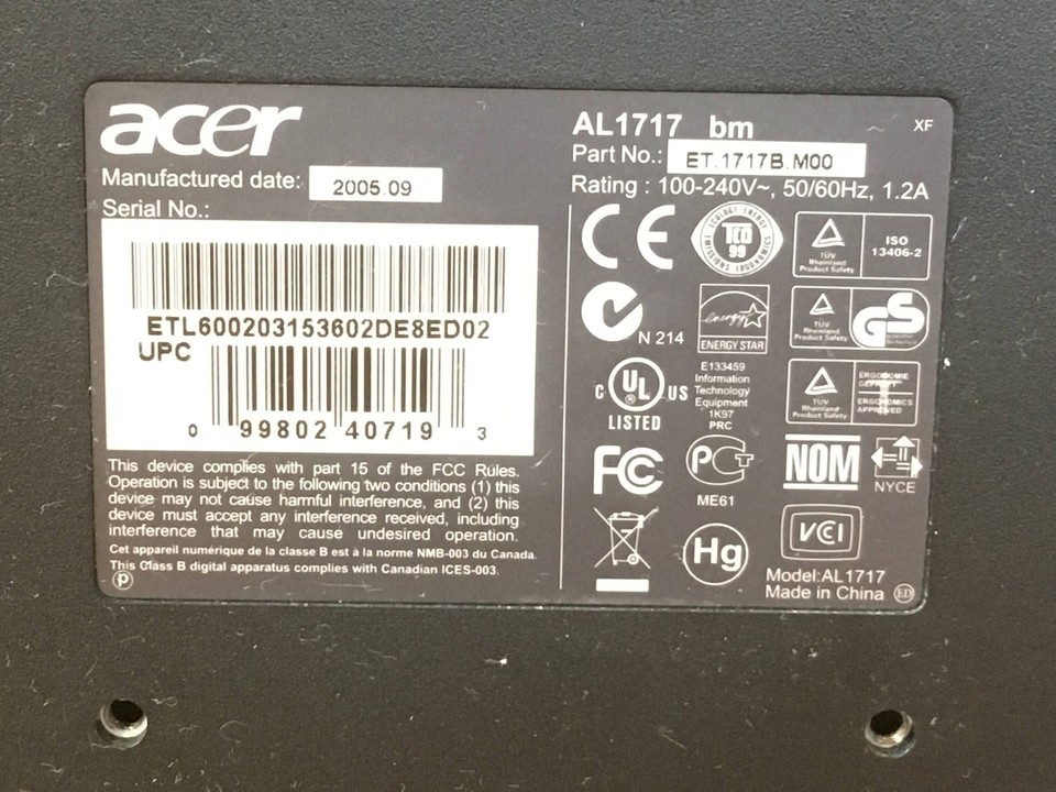 ACER AL1717 COMPUTER DISPLAY LCD MONITOR ET.1717B.M00 17" | eBay