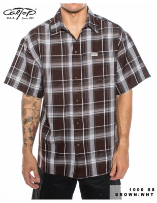 CAL TOP White Brown Shirt Short SLEEVE Button Front Old School Flannel ...