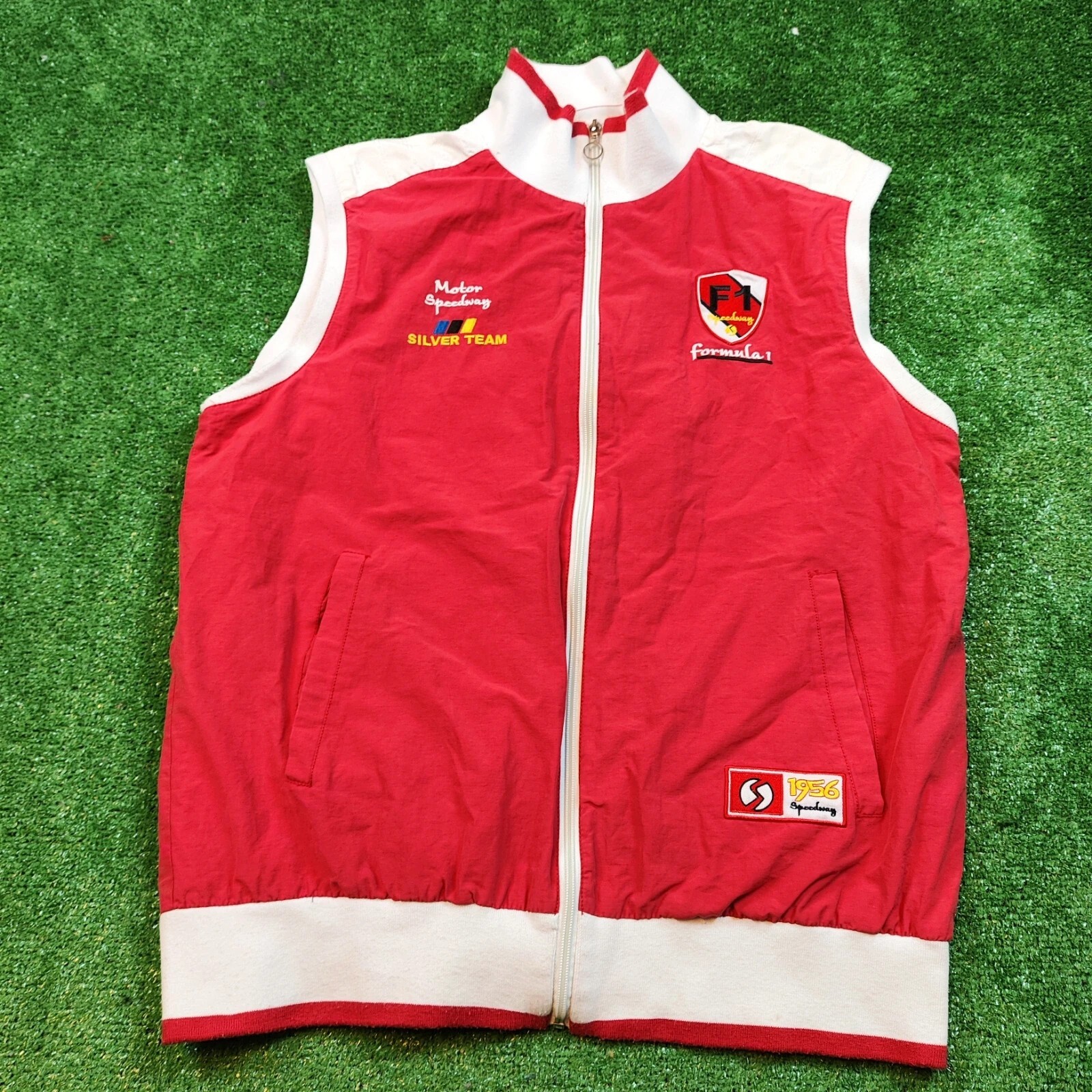 Vintage silver speedway Formula 1 Vest Sleeveless Jac… - Gem