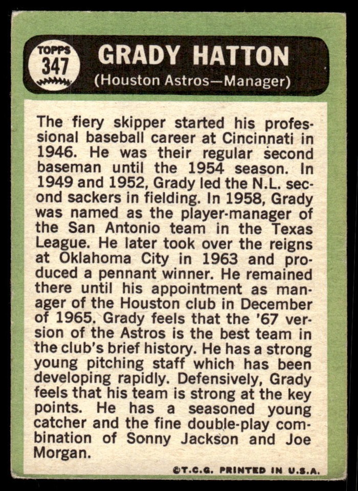 1967 Topps Grady Hatton #347 Houston Astros Baseball Card | eBay