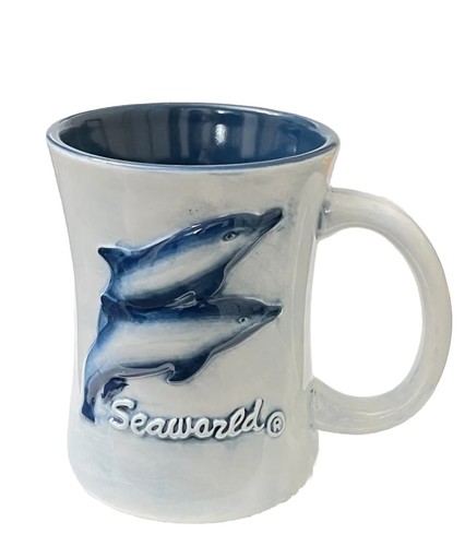 Vintage Seaworld Parks Mug Raised 3D Dolphins White with Blue Inside ...
