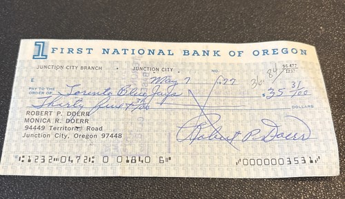 SIGNED ROBERT P (BOBBY) DOERR (HOF) SIGNED PERSONAL CHECK~TO TORONTO ...