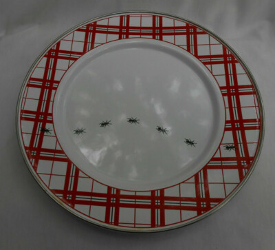 2 Golden Rabbit Enamelware Plaid ants dinner plates 10 1/2" red white ...