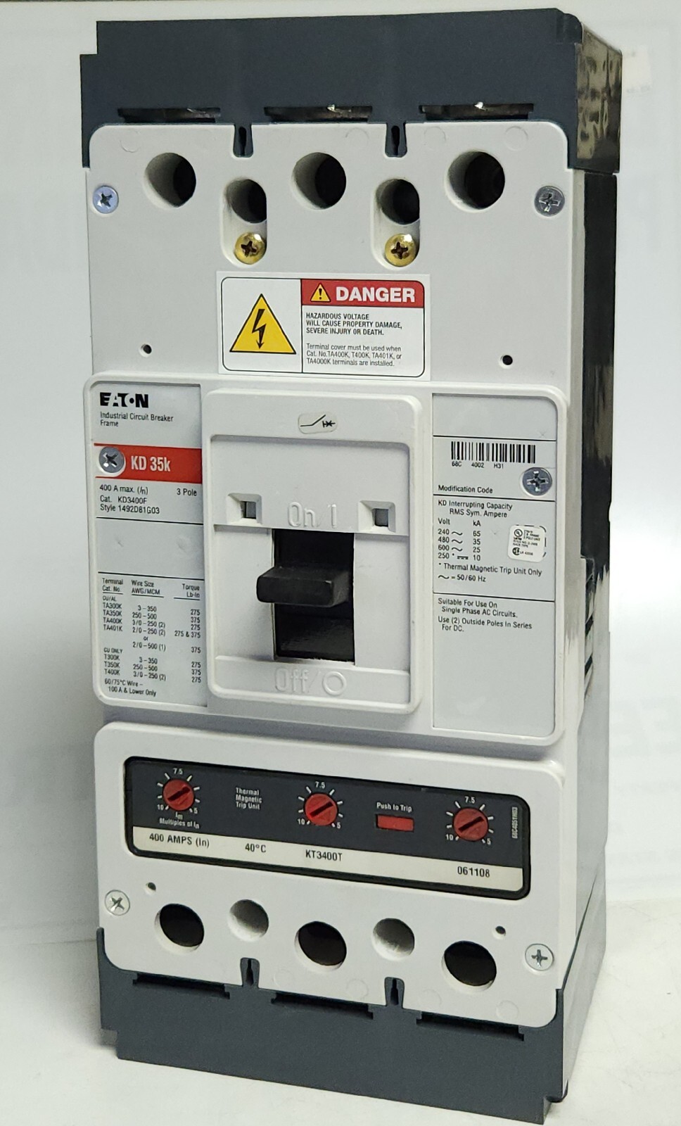 EATON CUTLER HAMMER KD3400 3 Pole 400 AMP Type KD Circuit Breaker | eBay