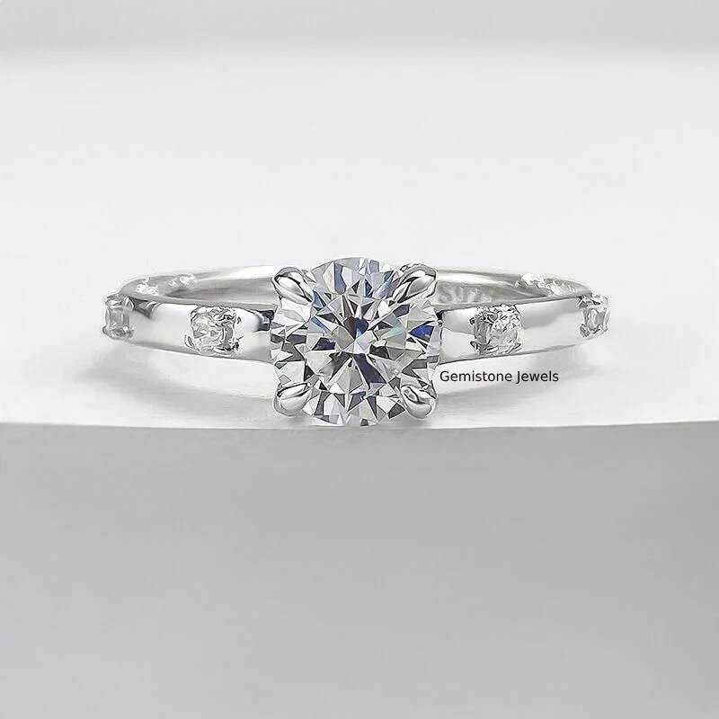 1.20 Ct Round Cathedral Flush Shoulder Moissanite Engagement Ring 14K ...