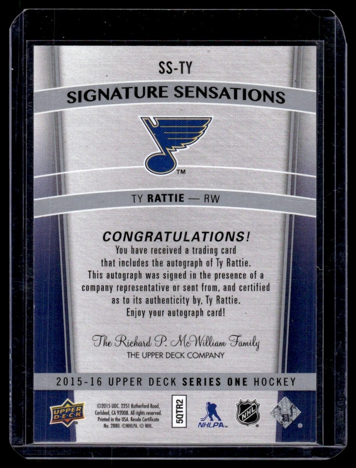 2015-16 Upper Deck Signature Sensations Ty Rattie Auto St. Louis Blues ...