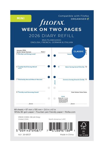 Filofax 2026 Diary Refills Mini Week on Two Pages 4 languages - 68127 ...