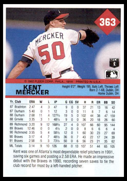 1992+Fleer+-+%23363+Kent+Mercker for sale online | eBay