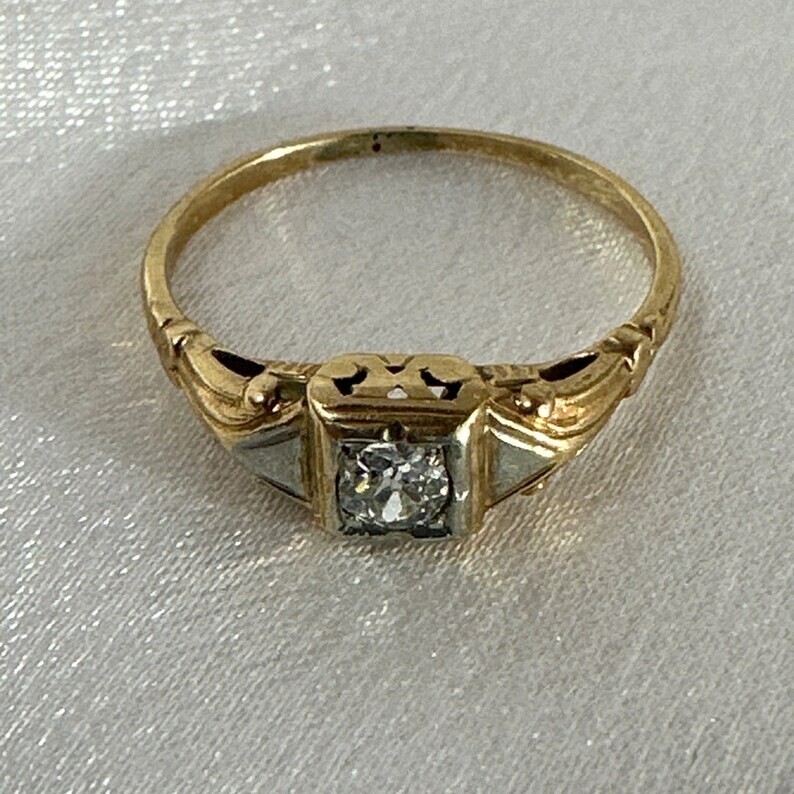 Art Deco 14k Yellow Gold Diamond Ring Antique Size 6.25 Vintage Fine ...
