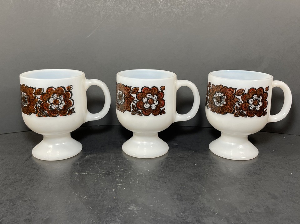 3 Milk Glass Pedestal Style Mugs with Raised Brown Black Flower Design ...