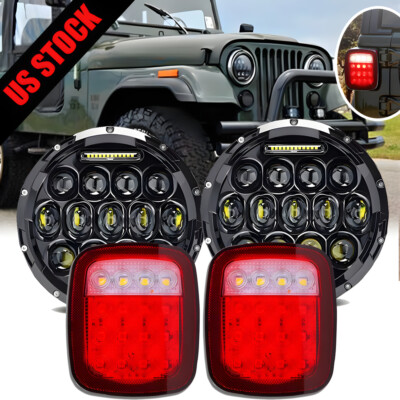 4PC For Jeep Wrangler TJ YJ CJ5 CJ7 7" Inch LED Headlights + Tail ...
