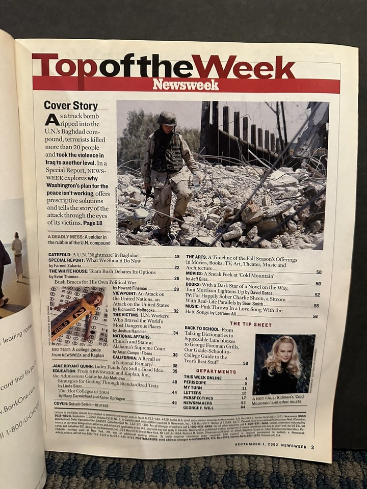2003 September 1st Newsweek Magazine, Terror In Iraq, What’s Plan B ...