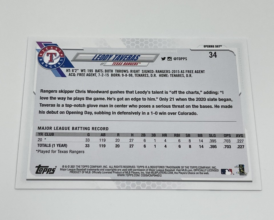 2021 Opening Day Base #34 Leody Taveras Rookie Card - Texas Rangers | eBay