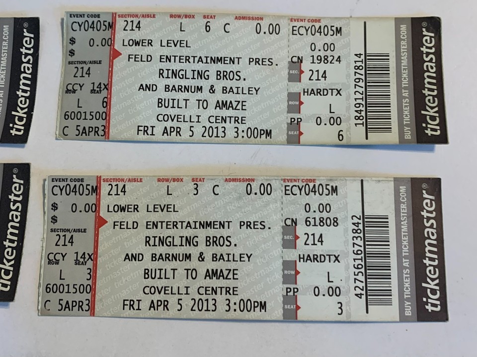 Ringling Bros. Barnum & Bailey Circus April 5, 2013 tickets Lot ...