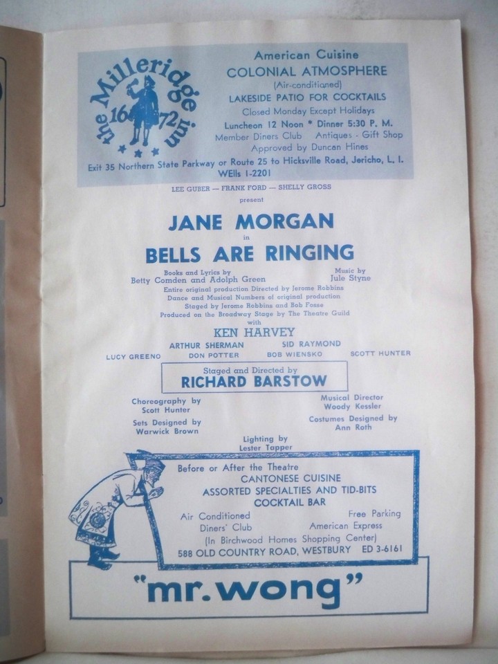 BELLS ARE RINGING Playbill JANE MORGAN / KEN HARVEY / LUCY GREENO ...