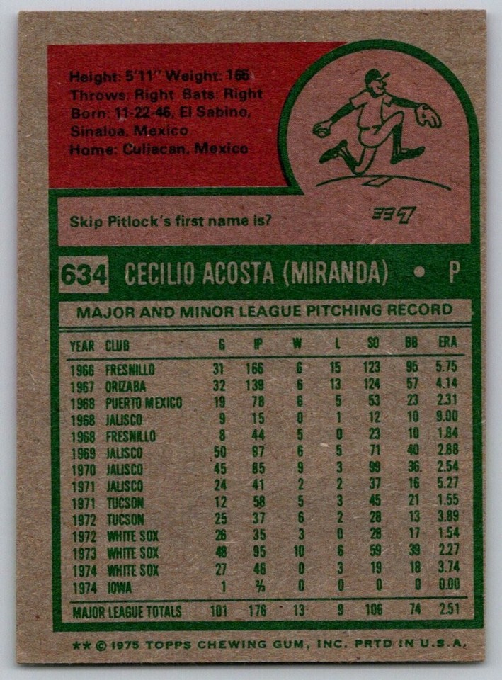 1975 TOPPS BASEBALL CARD CY ACOSTA #634 | eBay