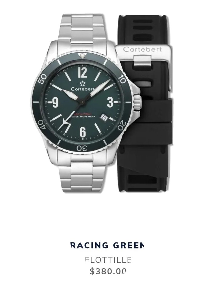 Cortebert 1790 Flottille Diver Dark Green Swiss Quartz 42 mm w Black ...