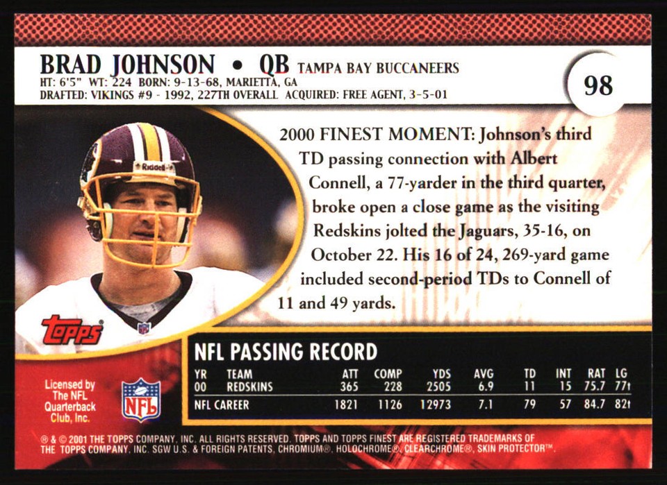 2001 Topps Finest #98 Brad Johnson Washington Redskins | eBay