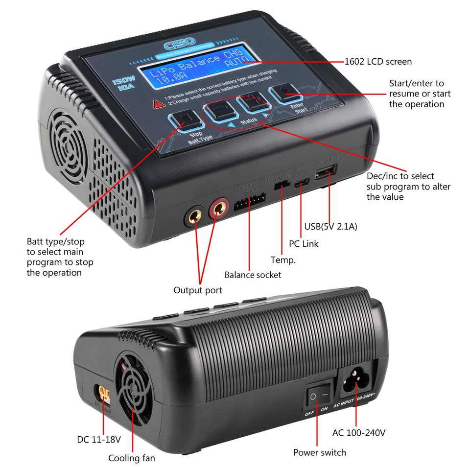 C150 AC/DC 150W 10A RC Smart Battery 6S Lipo Balance Charger for LiPo ...