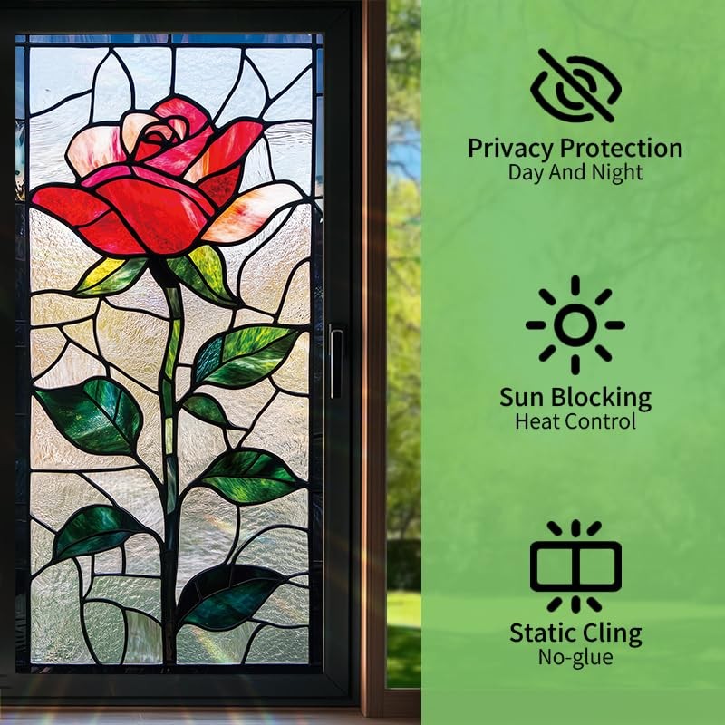 Red Rose Stained Glass Window Film 17.71x39.97 Inch Decorative Floral ...