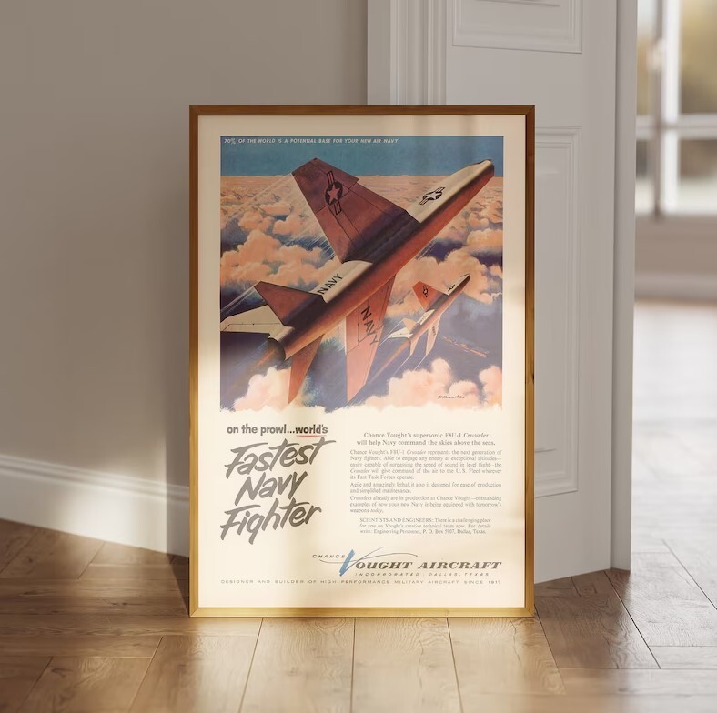 Vintage Cold War Era Vought F8U-1 Crusader Fighter Jet Poster, Cold War ...