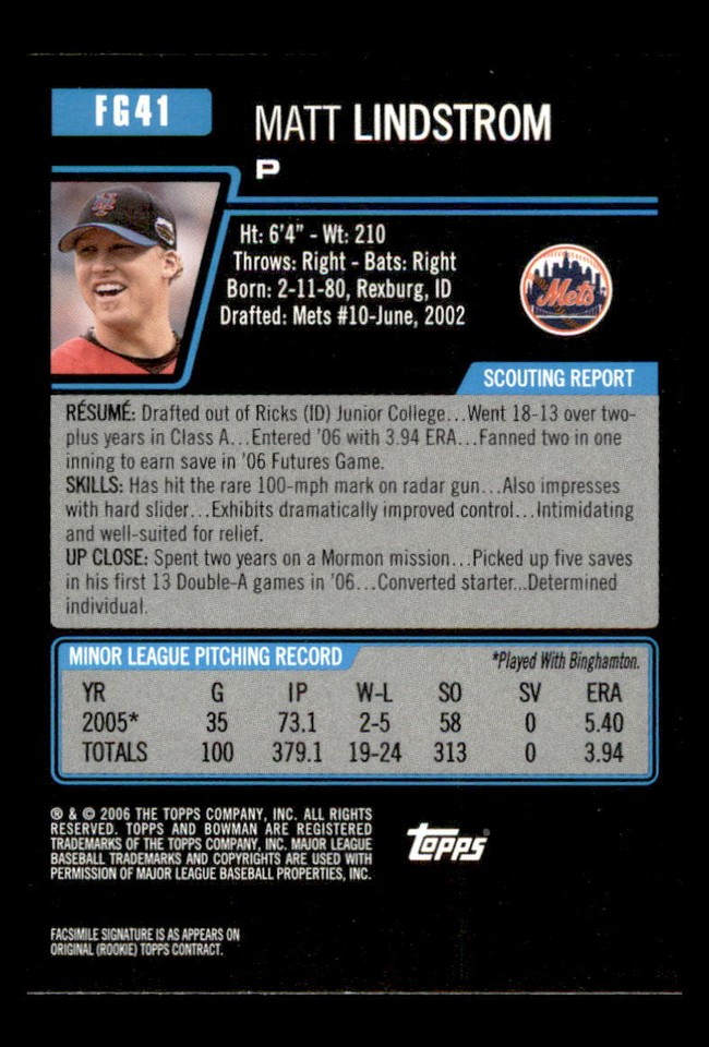 2006 Baseball Bowman Matt Lindstrom New York Mets #FG41 FG | eBay
