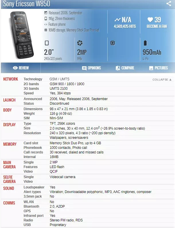 Original Bluetooth Sony Ericsson W850 Unlocked 2MP 3G UMTS 2100 Mobile ...