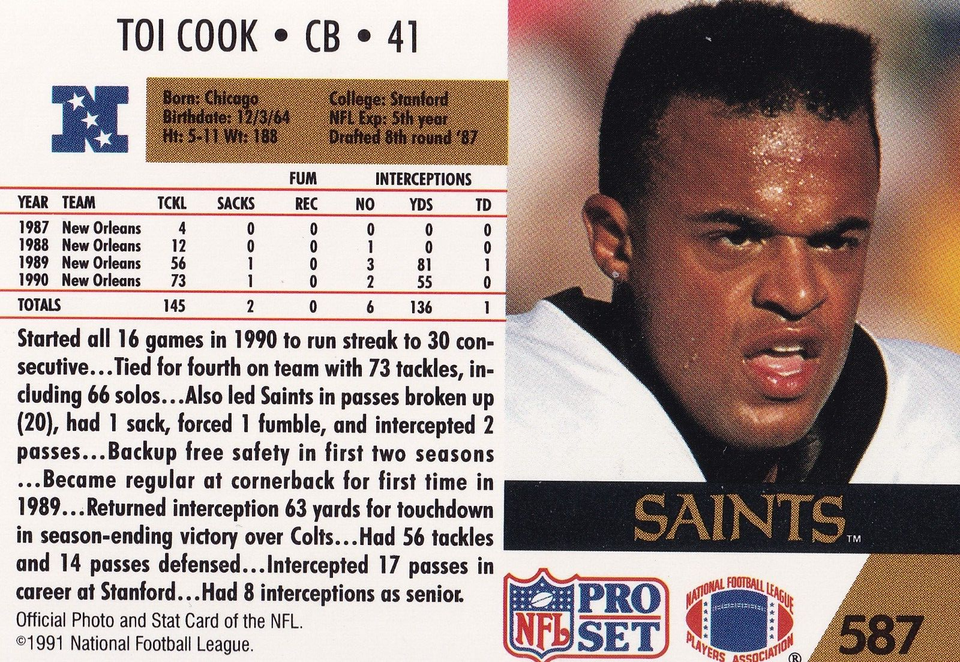 1991 Pro Set #587 Toi Cook NFL New Orleans Saints + (Yes 4 Free Mystery ...