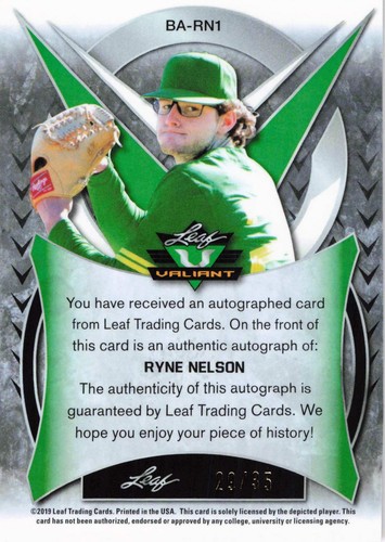 2019 Leaf Valiant #BA-RN1 Ryne Nelson Orange #/35 Autograph Auto Card ...
