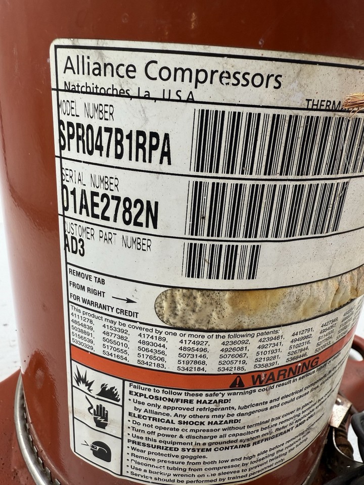 Alliance 4 Ton Compressor SPR047B1RPA / COM 208-230V 60 Hz 1 PH for R22 ...