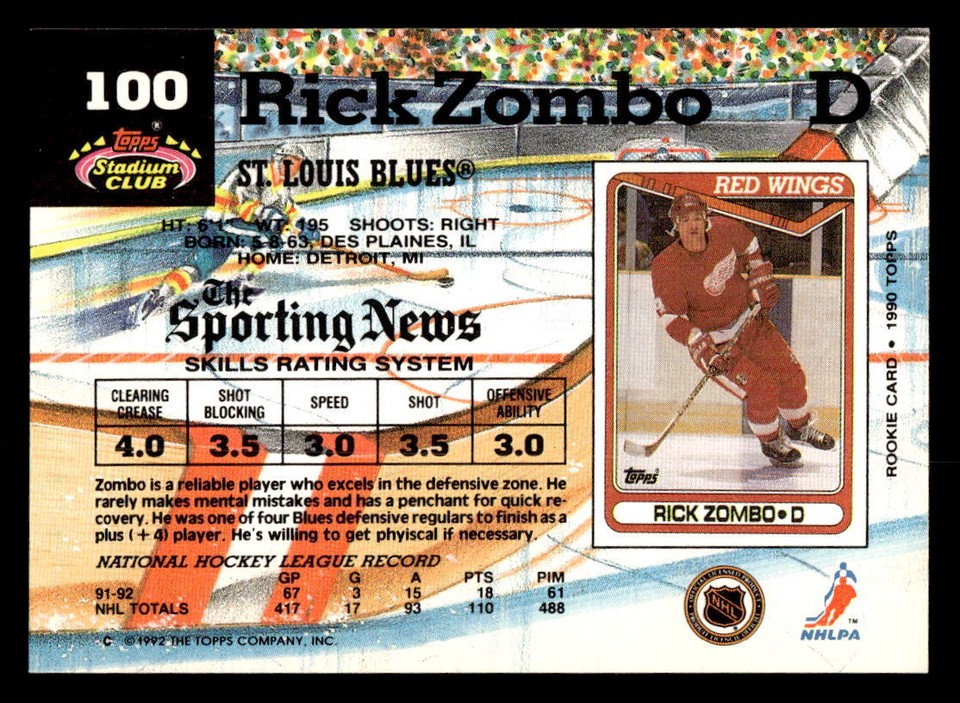Rick Zombo 1992 Stadium Club #100 St. Louis Blues | eBay