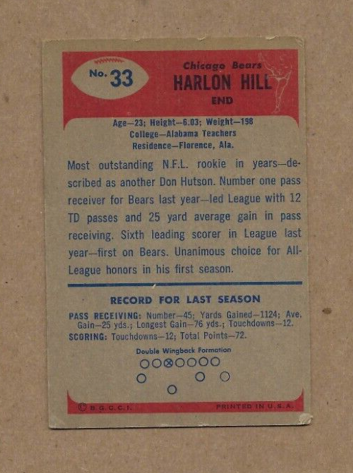 1955 Bowman football card #33 Harlon Hill Chicago Bears from Killen ...