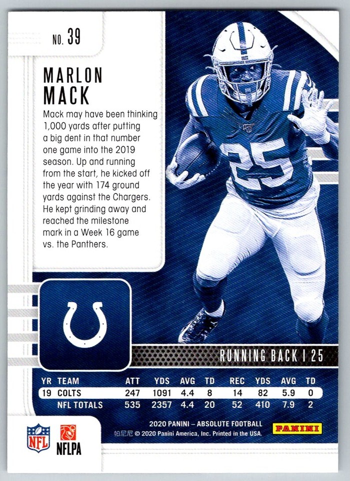 2020 Panini Absolute Green Parallel Football Card Marlon Mack #39 ...
