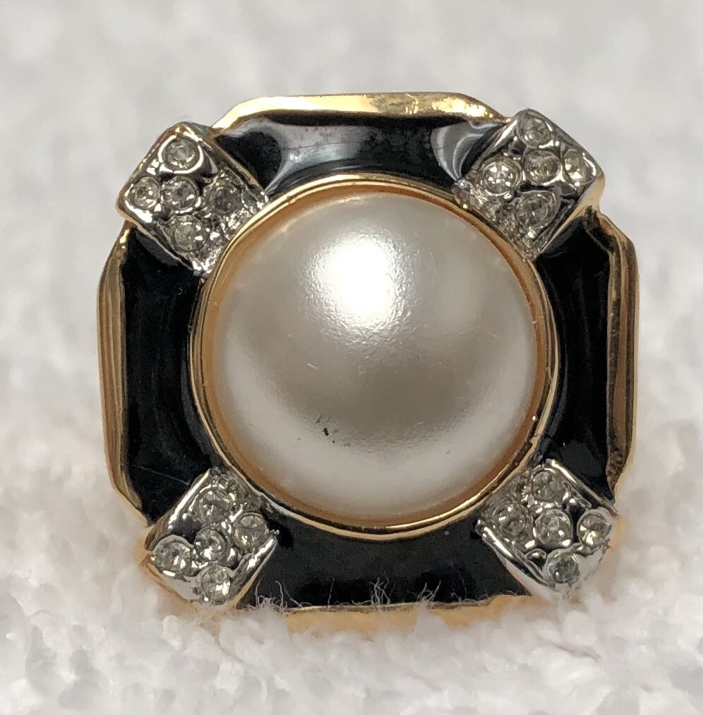 ESPO JOSEPH ESPOSITO 14k GE PEARL, BLACK ENAMEL AND CRYSTAL RING SZ 9 ...