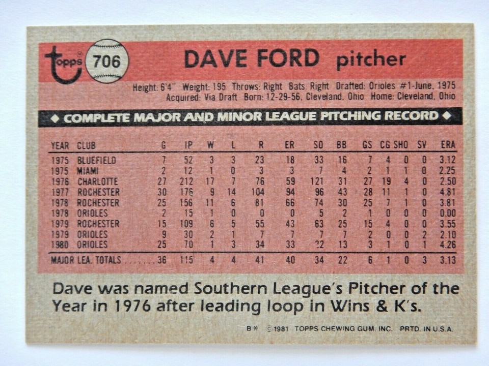 Dave Ford #706 Topps 1981 Baseball Card (Baltimore Orioles) VG | eBay