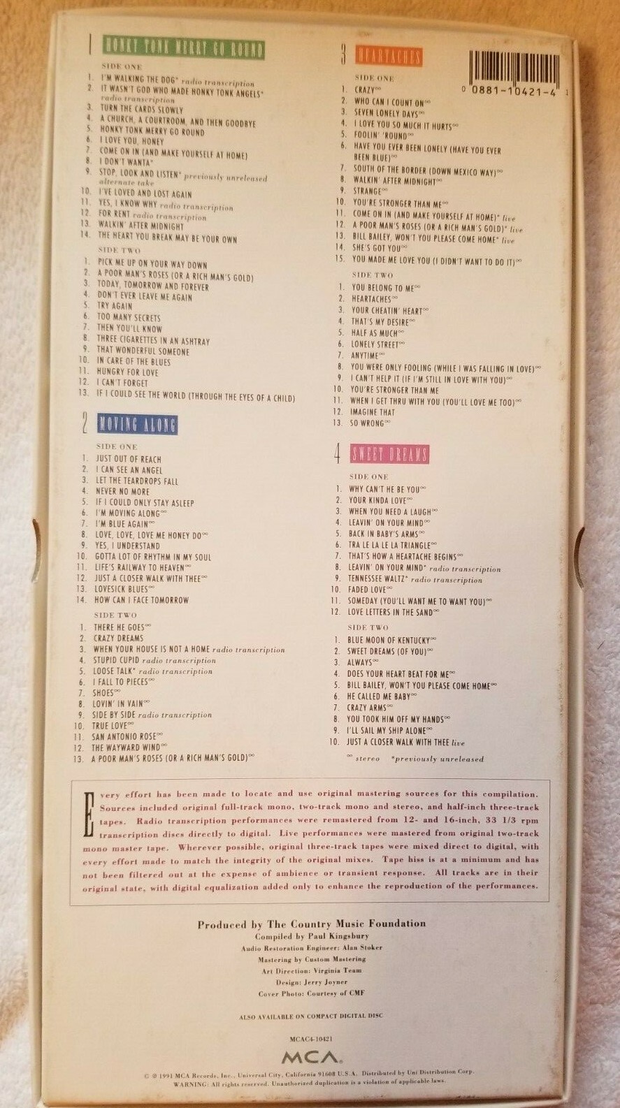 The Patsy Cline Collection (1991 four cassette set with 104 songs ...