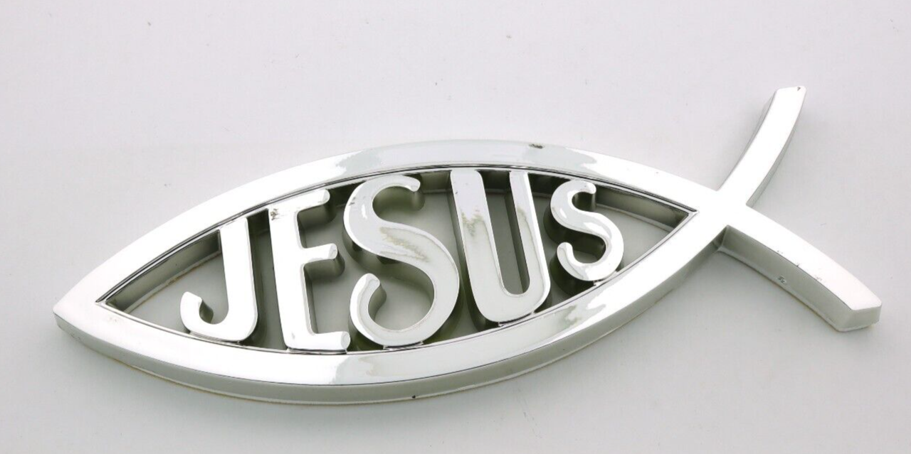 Silver Toned Ichthus Jesus Text Design Fish Emblem Bumper Sticker for ...