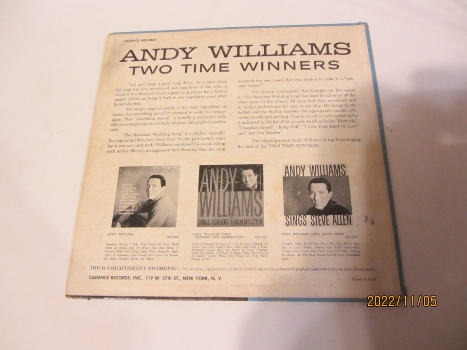 Andy Williams -TWO TIME WINNERS- Cadence Records CLP-3026 Vinyl Record ...