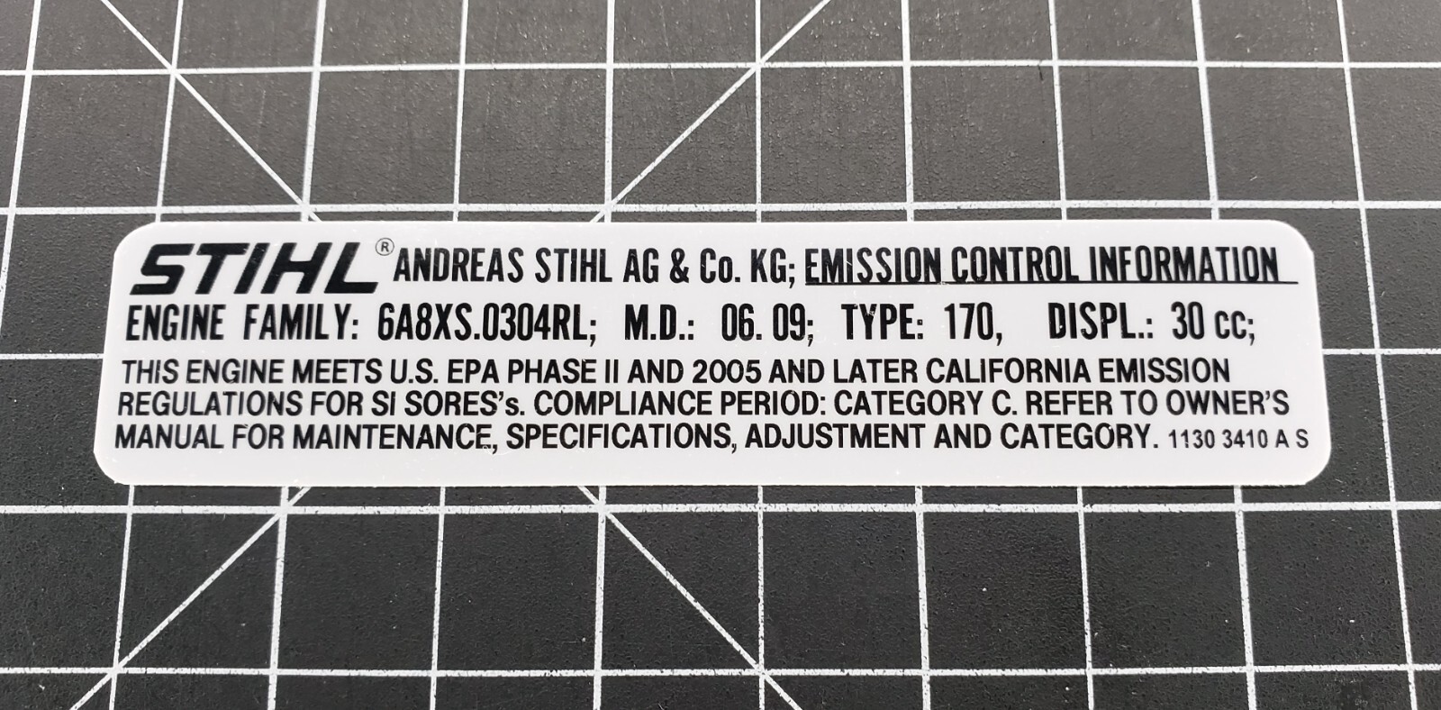 Stihl MS 170 Chainsaw Emissions Label Stihl Label # 1130 967 3410 ...