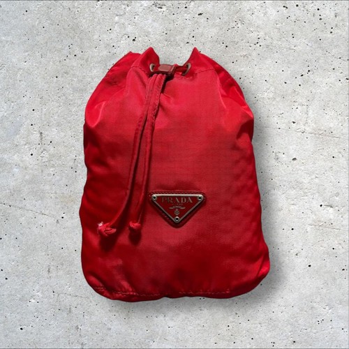 PRADA Drawstring Pouch Nylon Tessuto Red Drawstring Leather From Japan ...