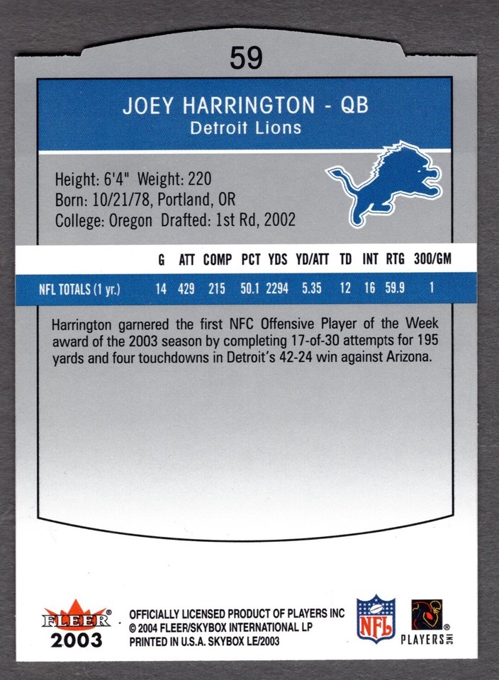 2003 SKYBOX LE JOEY HARRINGTON CARD #59 **NM-MT** DETROIT LIONS | eBay