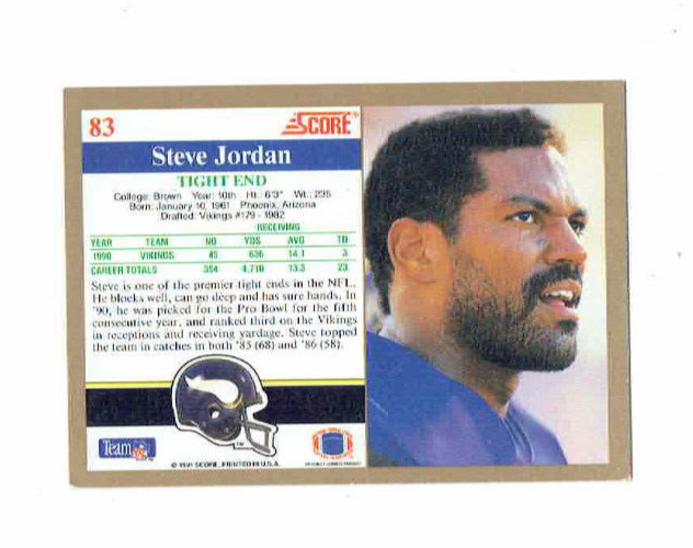 Steve Jordan Vikings Tight End #83 Score 1991 Football Card | eBay